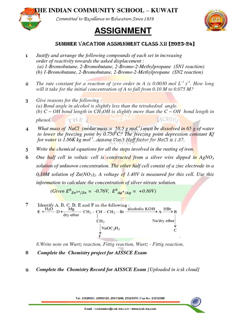 Class 12 Chemistry Summer Vacation Assignment | PDF