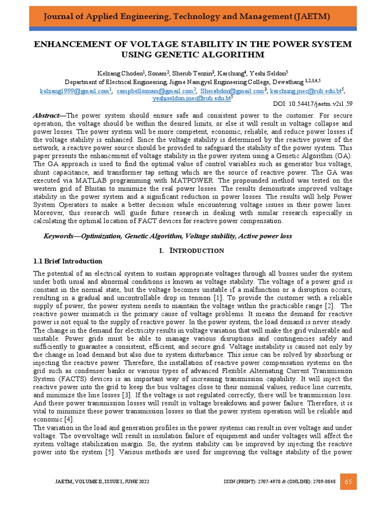 Enhancement of Voltage Stability in The Power System Using Genetic Algorithm | PDF