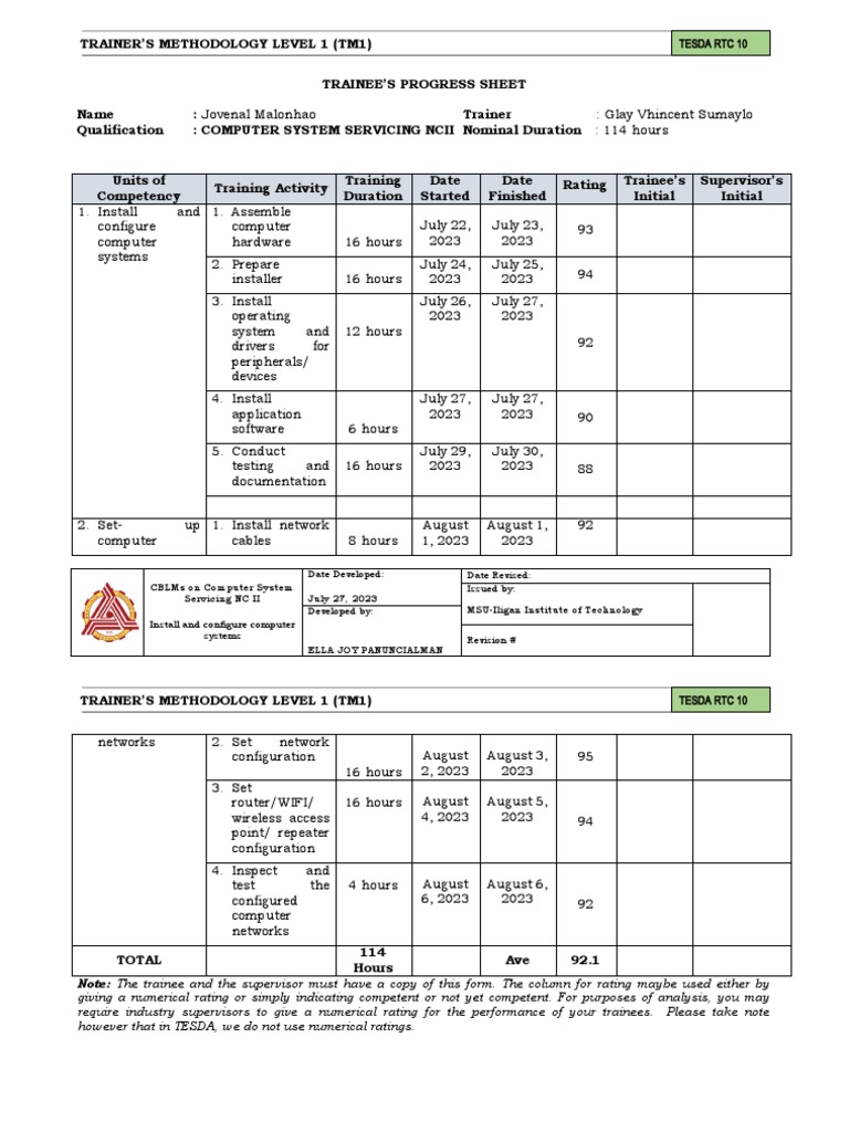 Trainee Progress Sheet: Computer Servicing | PDF | Manufactured Goods ...