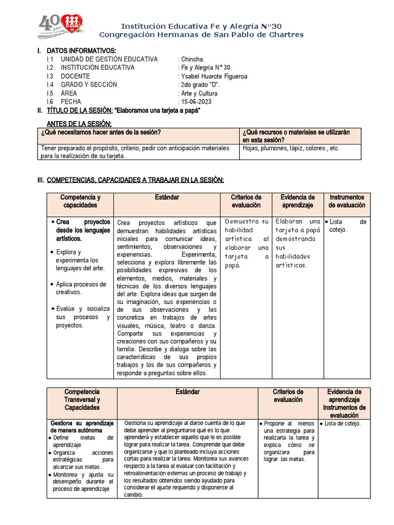 SESIÓN DE ARTE Y CULTURA 06-06-2023 Ok | PDF | Aprendizaje | Evaluación