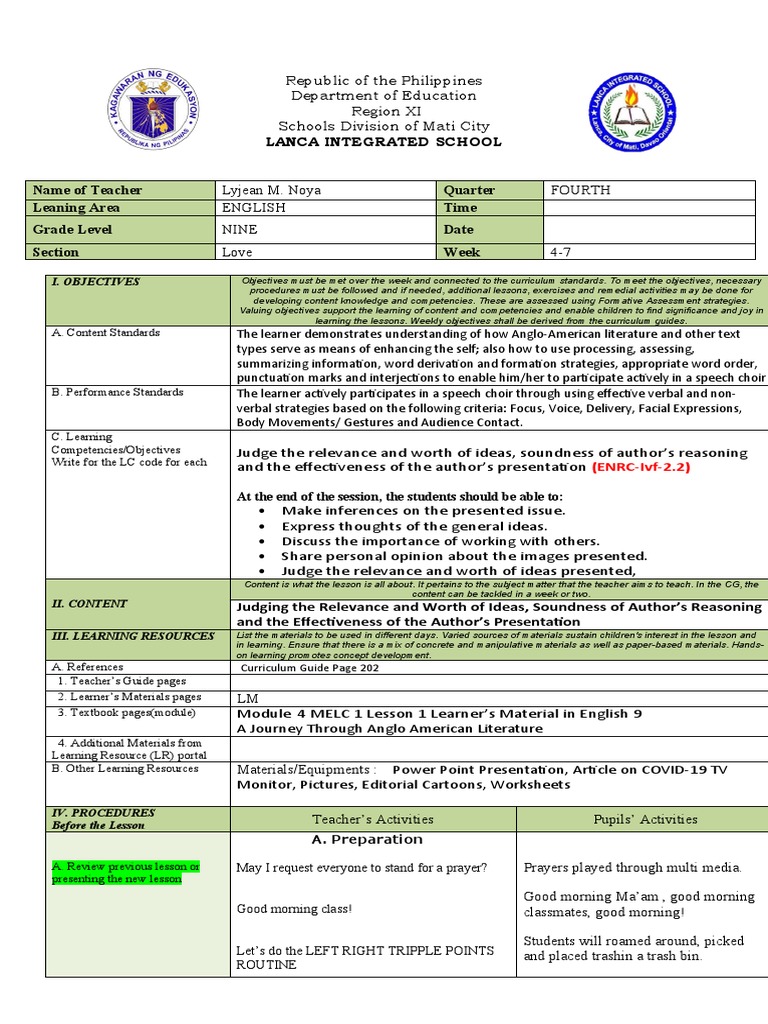 Grade 9 English 4th Quarter Lesson Plan | PDF