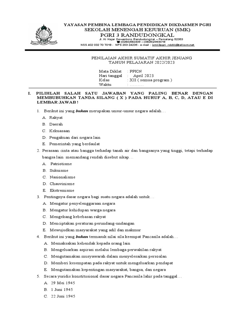 SOAL US PPKN 2023 ( soal utama ) | PDF