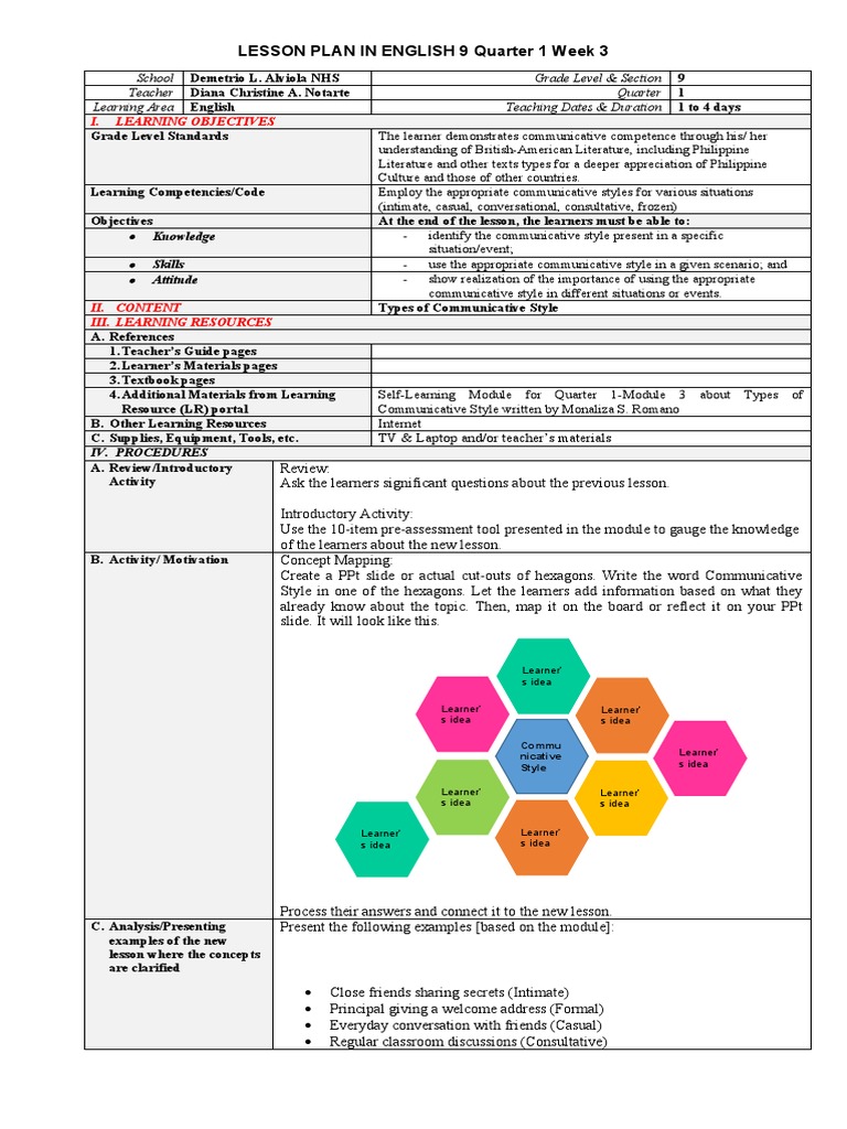 English 9 Week 3 Lesson Plan: Styles | PDF | Learning | Lesson Plan