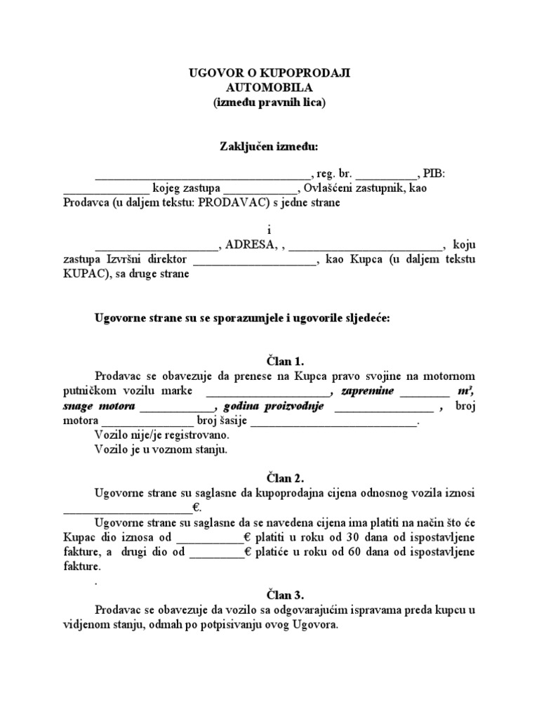 Ugovor o Kupoprodaji Vozila Pravna Lica | PDF