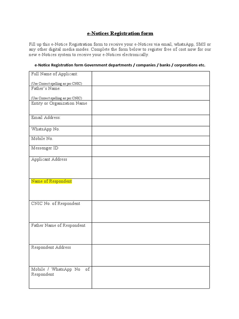 E-Notice Registration Form Govt Dept - Companies - Banks-Corporations ...