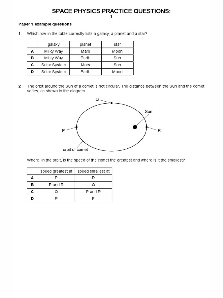 5054 Space Physics Practice Questions | PDF | Planets | Stars