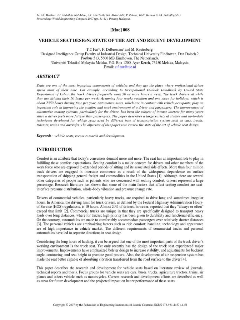 Vehicle Seat Design State of The Art and | PDF | Simulation | Human ...