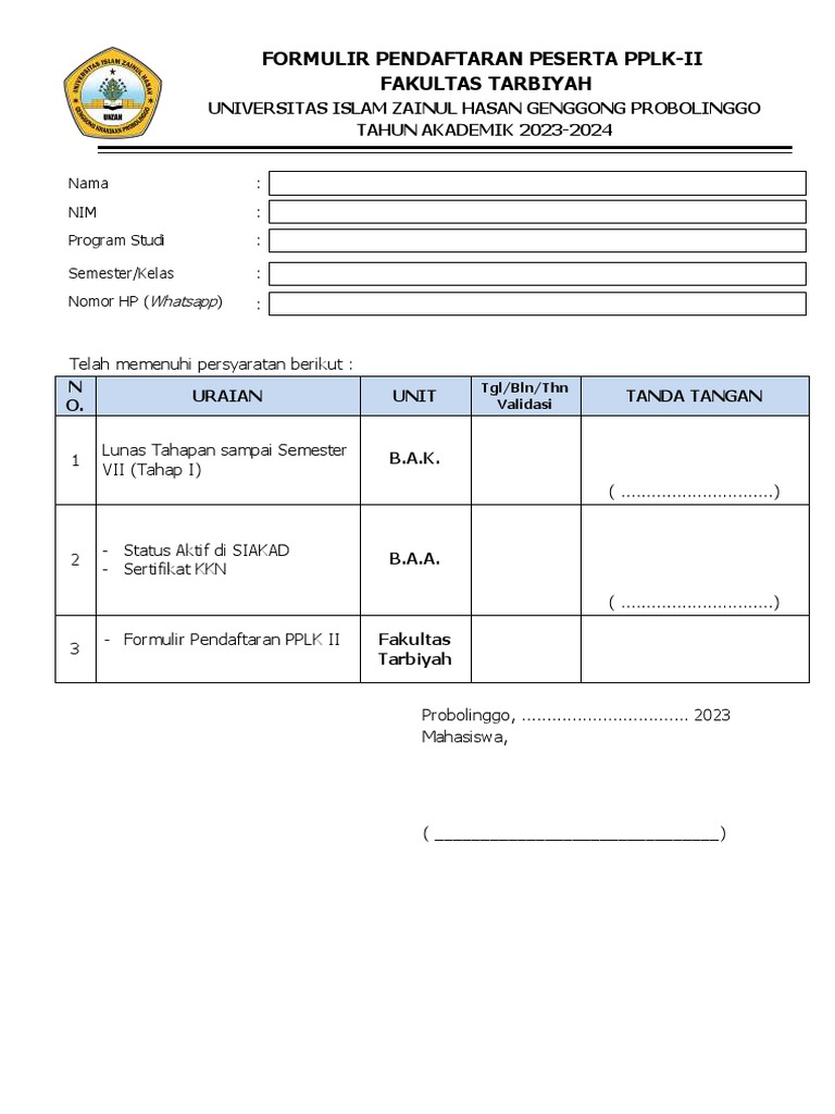 FORMULIR PENDAFTARAN PPLK TA 2023-2024 | PDF