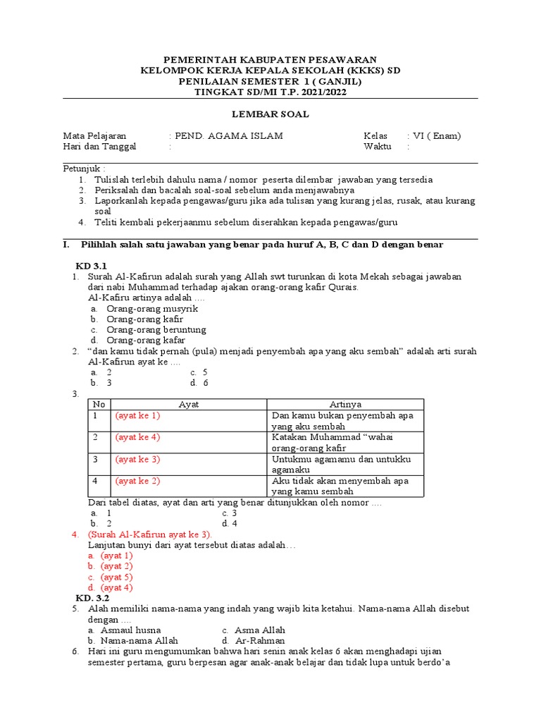 Soal Pas Ganjil Pai KLS 6 TP 2021 2022 | PDF