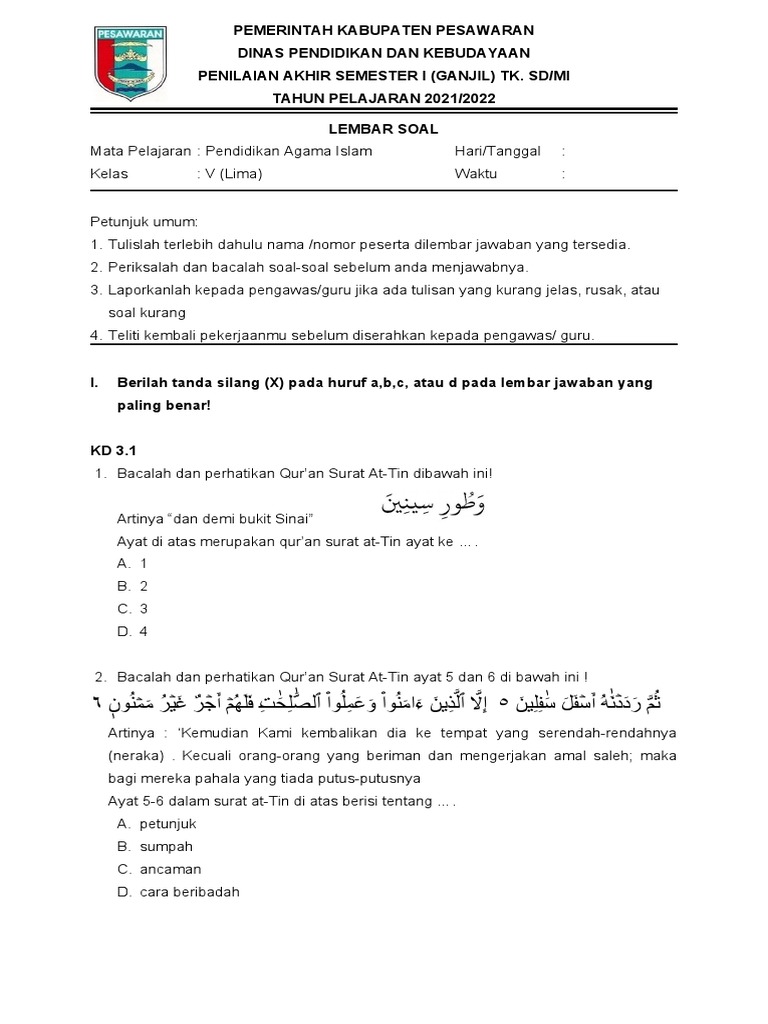 Soal Pas Ganjil Pai KLS 5 TP 2021 2022 | PDF Soal Pas Ganjil Pai KLS 5 TP 2021 2022 | PDF