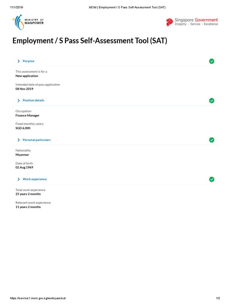 MOM - Employment - S Pass Self Assessment Tool (SAT) | PDF