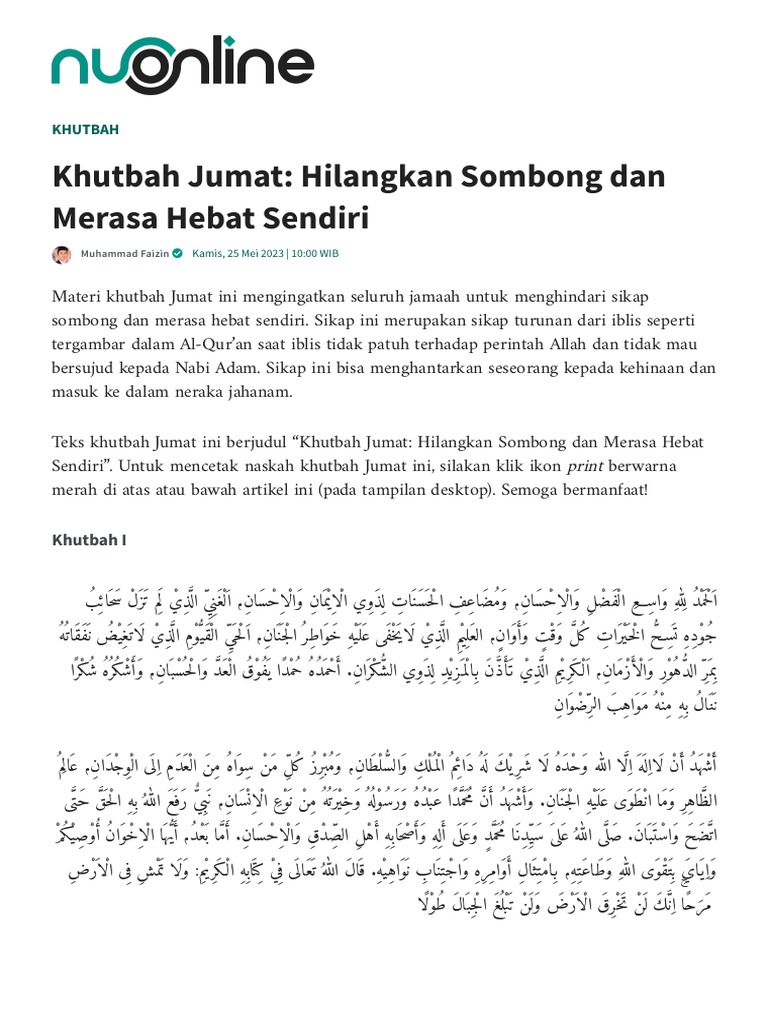 Khutbah Jumat - Hilangkan Sombong Dan Merasa Hebat Sendiri - NU Online ...