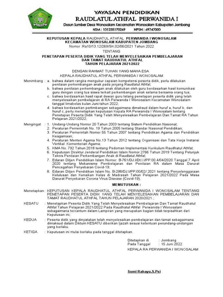 Contoh - SK Penetapan Peserta Didik Yang Telah Menyelesaikan Pembelajaran Dan Tamat RA Tahun ...