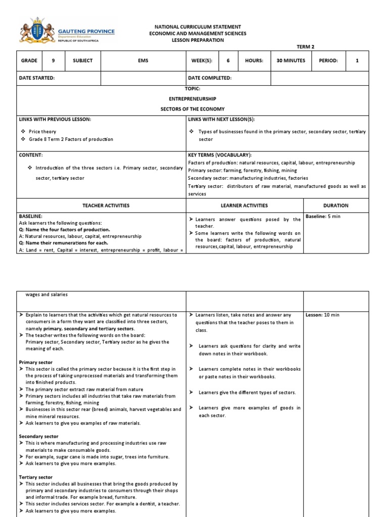 Week 6 Lesson Plan 1 - 3 Sectors | PDF