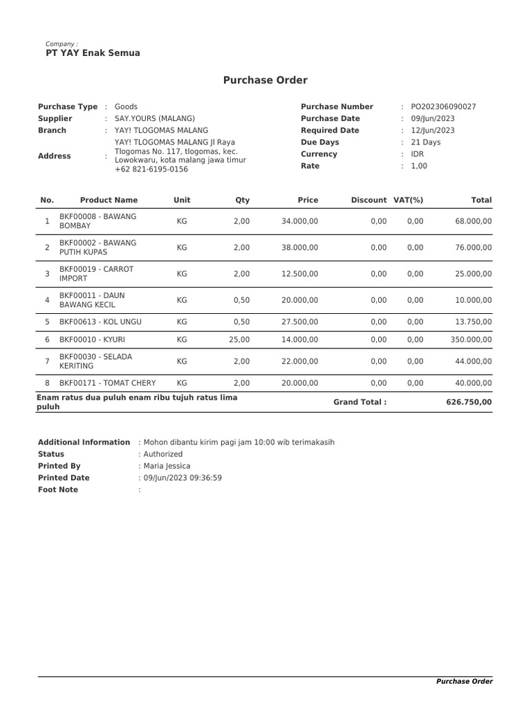 PT YAY Enak Semua Purchase Order | PDF