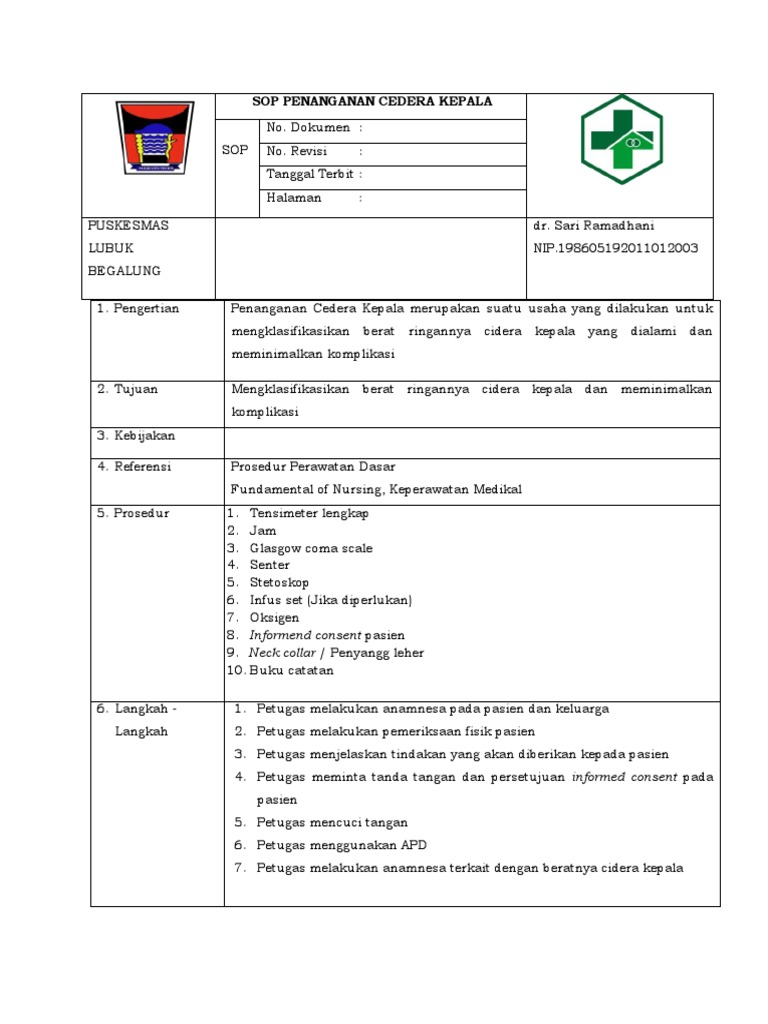 Sop Penanganan Cedera Kepala | PDF