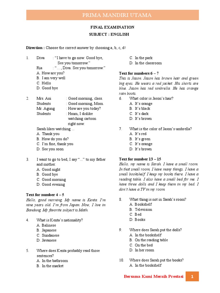 Eng Final Exam 4TH Grade | PDF