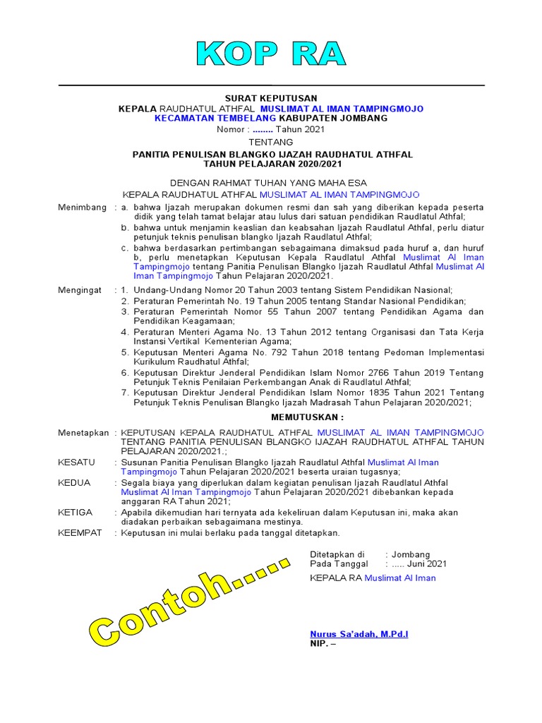 Contoh - SK Panitia Penulisan Ijazah RA Tahun 2020-2021 - 1 | PDF