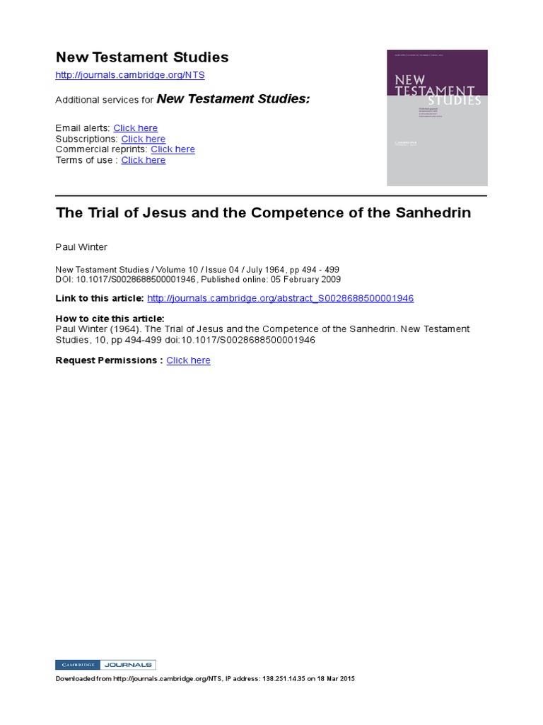 The Trial of Jesus and The Competence of The Sanhedrin. Paul Winter | PDF