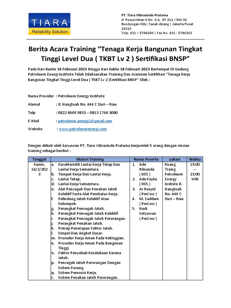 Berita Acara Training TKBT Lv 2 | PDF