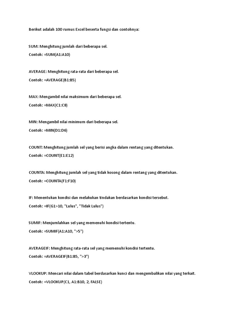 100 rumus Excel beserta fungsi dan contohnya | PDF