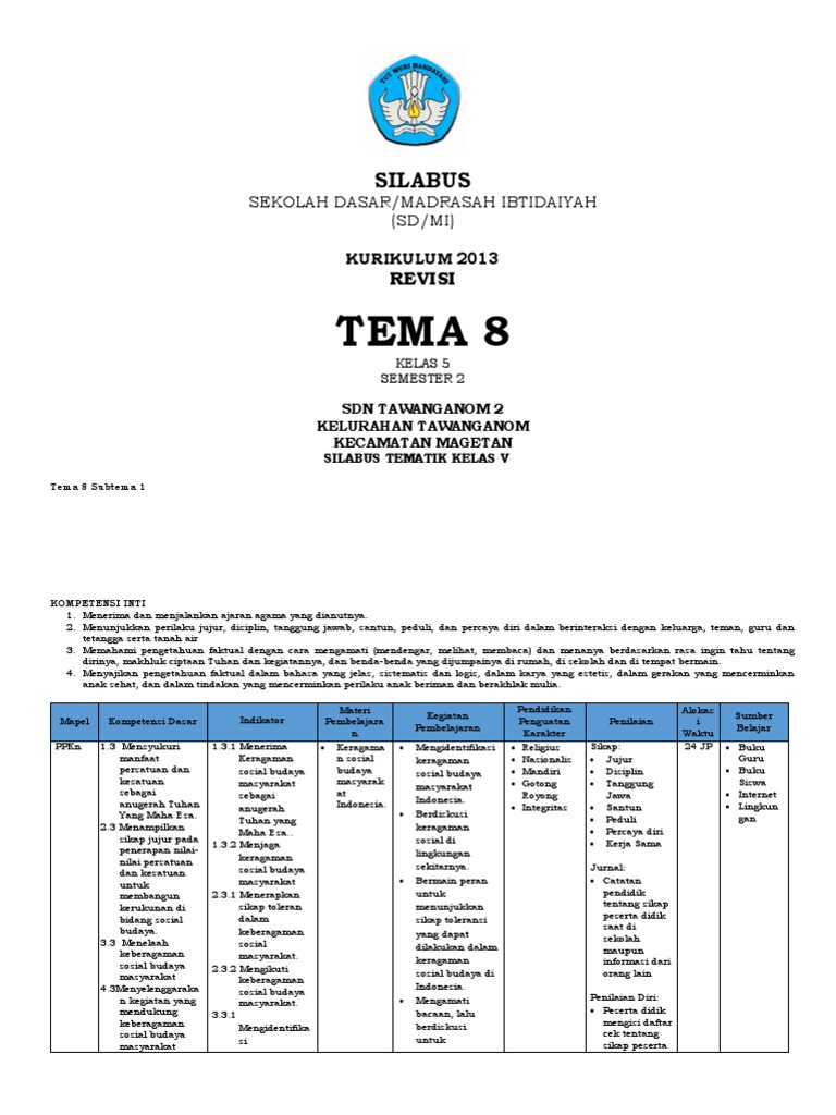 Silabus K13 Kelas 5 Tema 8 | PDF