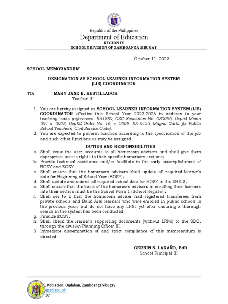 LIS Coordinator Designation Memo | PDF