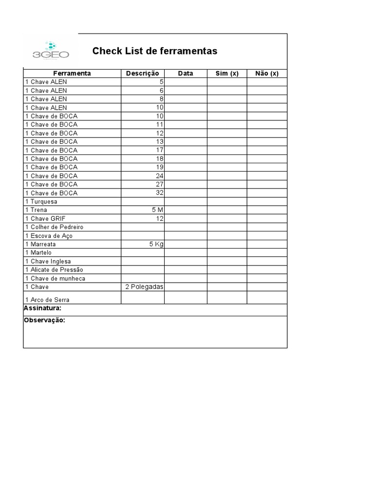 Checklist Diário de Ferramentas e Acessórios | PDF