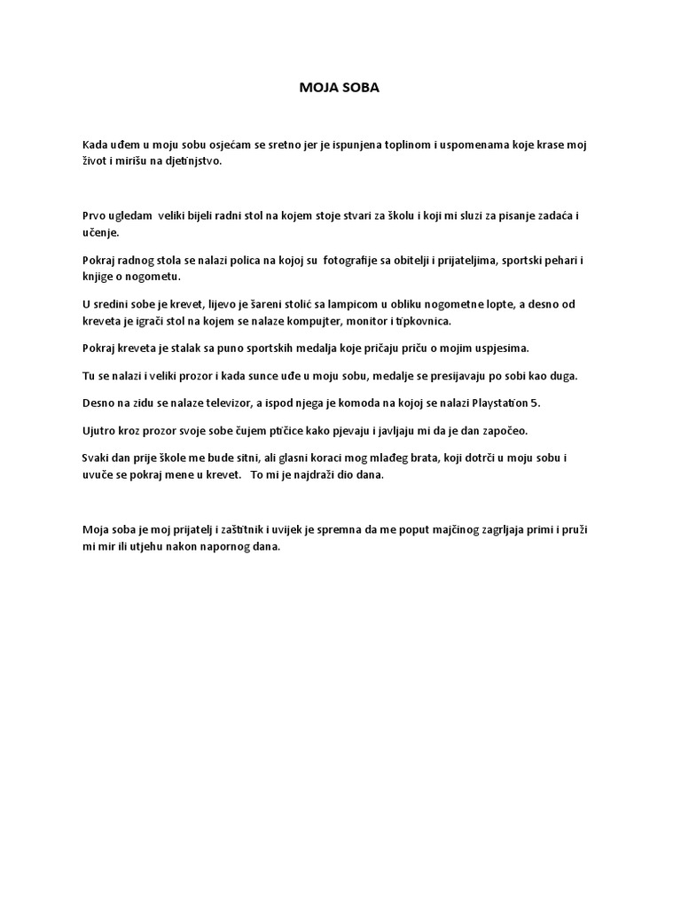 Hrvatski Zadaćnica - Opis Unutarnjeg Prostora-Moja Soba | PDF