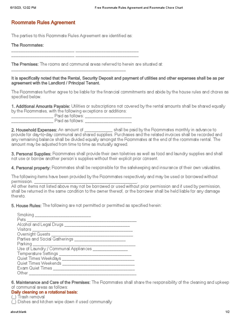 B Free Roommate Rules Agreement and Roommate Chore Chart | PDF ...