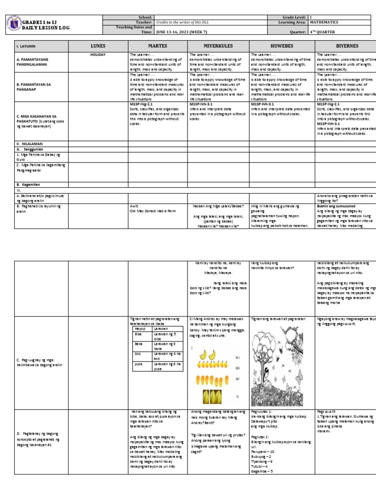 DLL Mathematics 1 q4 w7 | PDF | Learning | Cognition