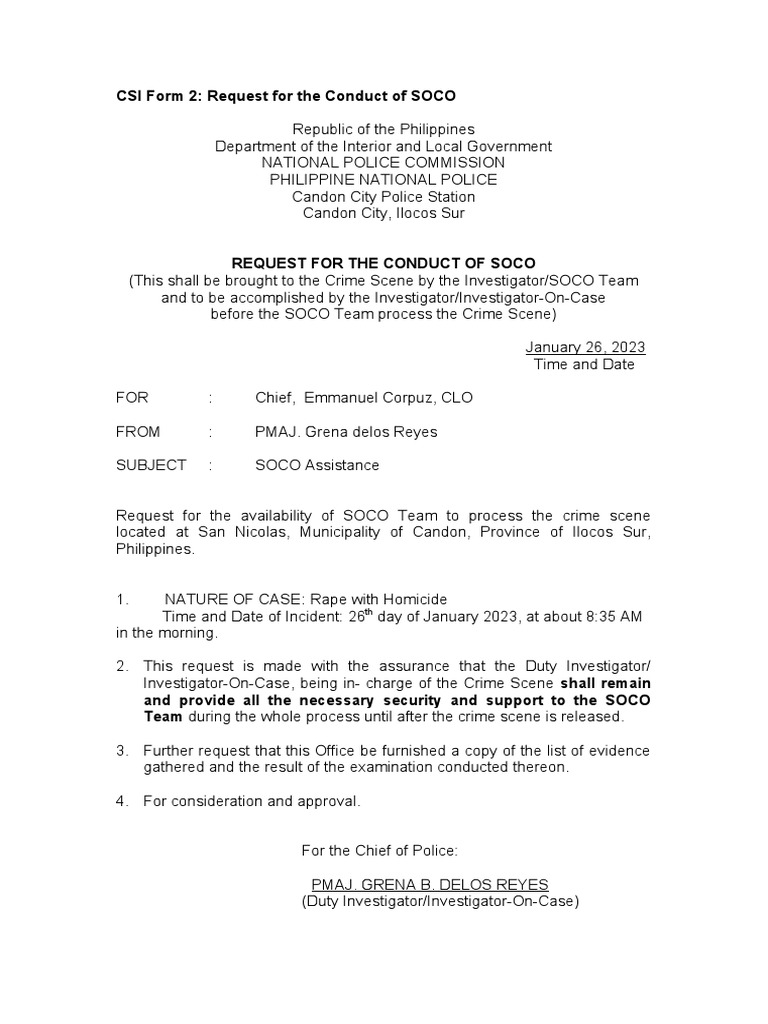 CSI Form 2 Request For The Conduct of SOCO 2 | PDF