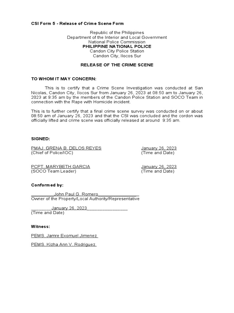 CSI Form 5 Release of Crime Scene Form 1 | PDF