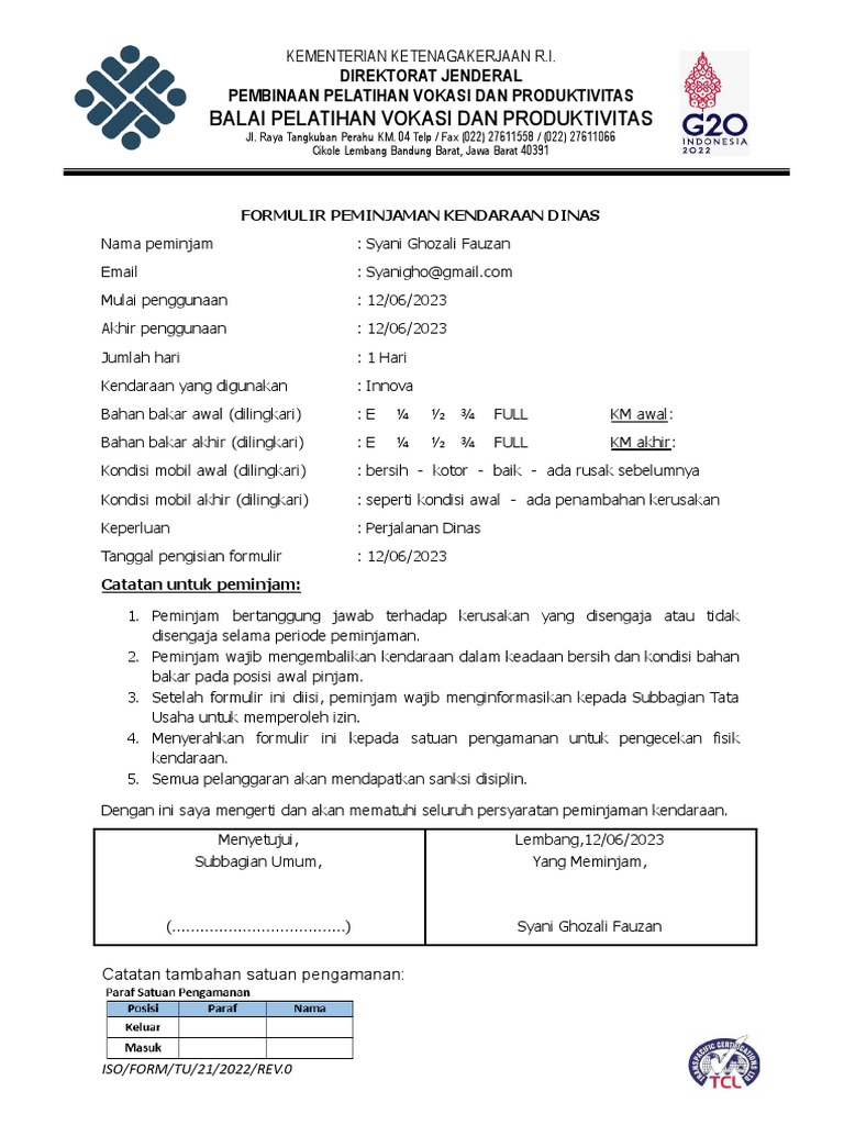 FORMULIR PEMINJAMAN KENDARAAN DINAS (88) | PDF