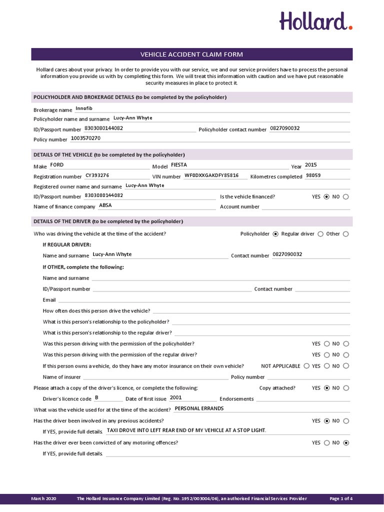 Hollard Vehicle Accident Claim Form | PDF | Insurance | Traffic Collision