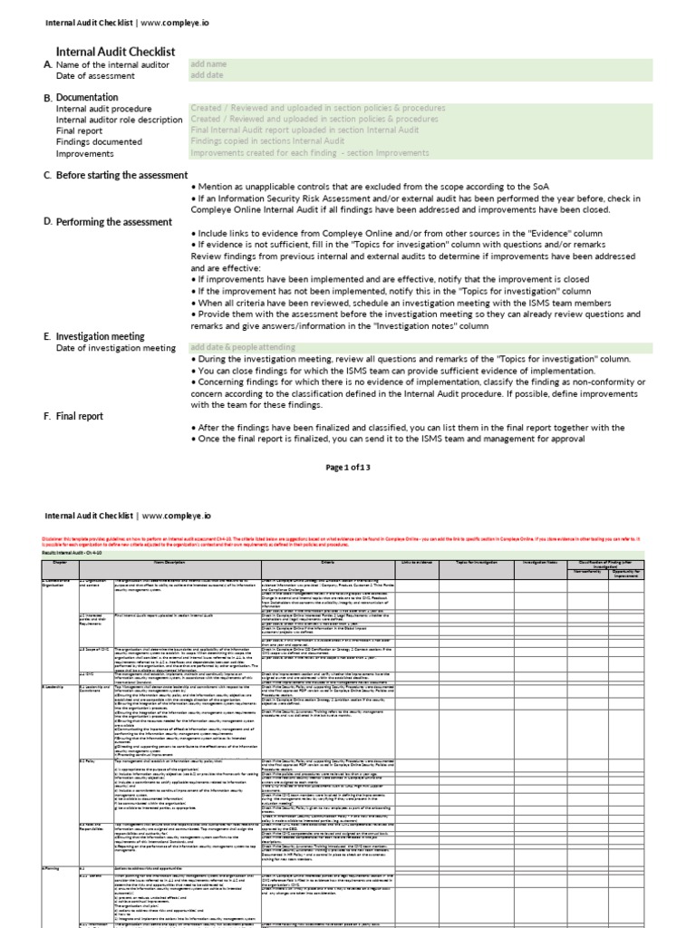 Compleye Internal Audit Template 1 | PDF | Information Security | Risk