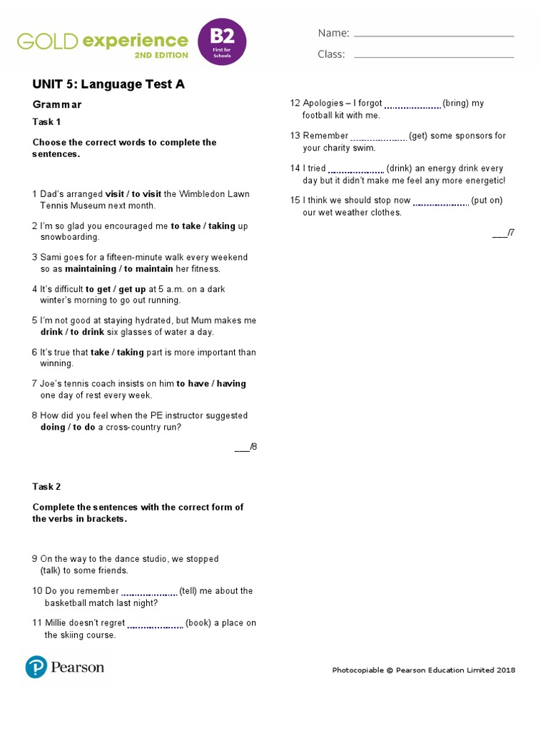 Gold Exp B2 U5 Lang Test A | PDF
