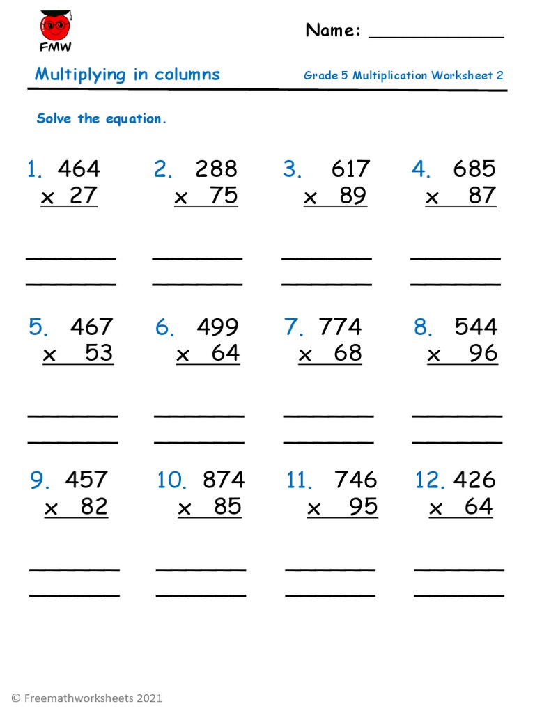 Grade 5 Multiplication Worksheet 2 | PDF