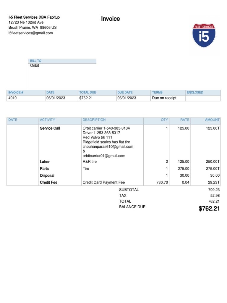 Invoice 4910 From I5 Fleet Services DBA Fabitup | PDF