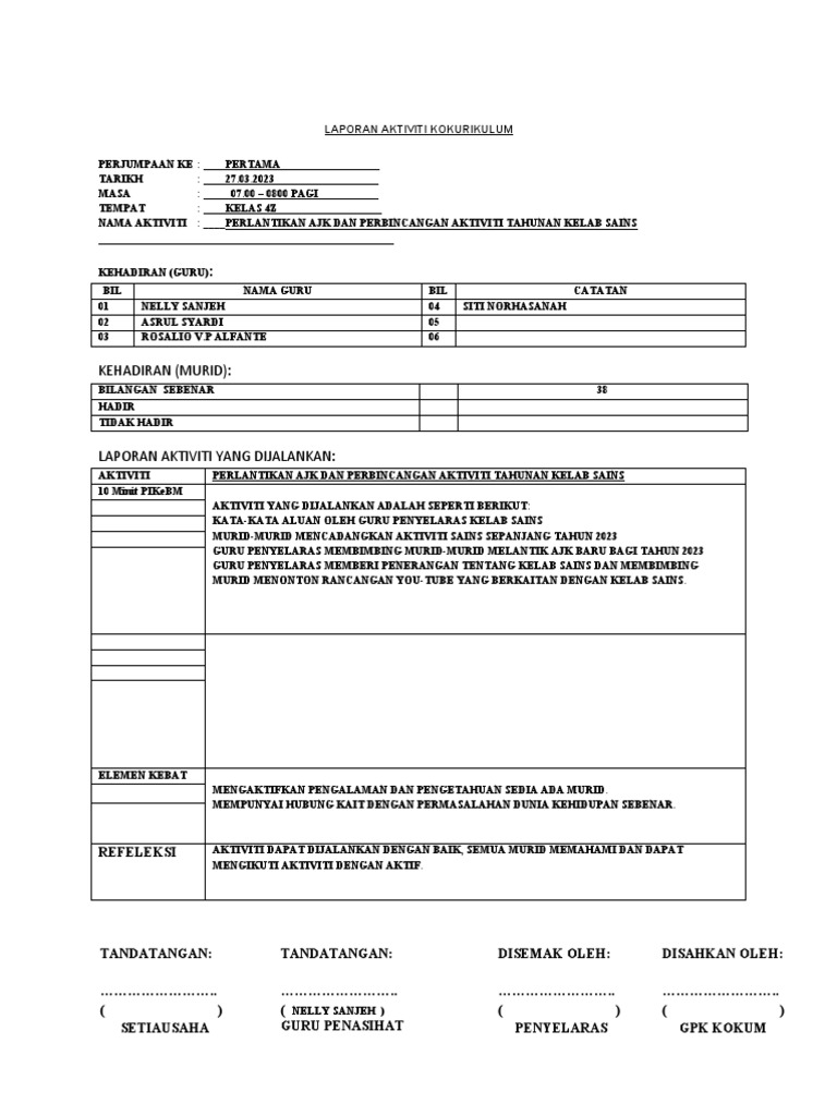 Ksains Borang - Laporan - Aktiviti - Kokurikulum - Tahun - 2021 | PDF