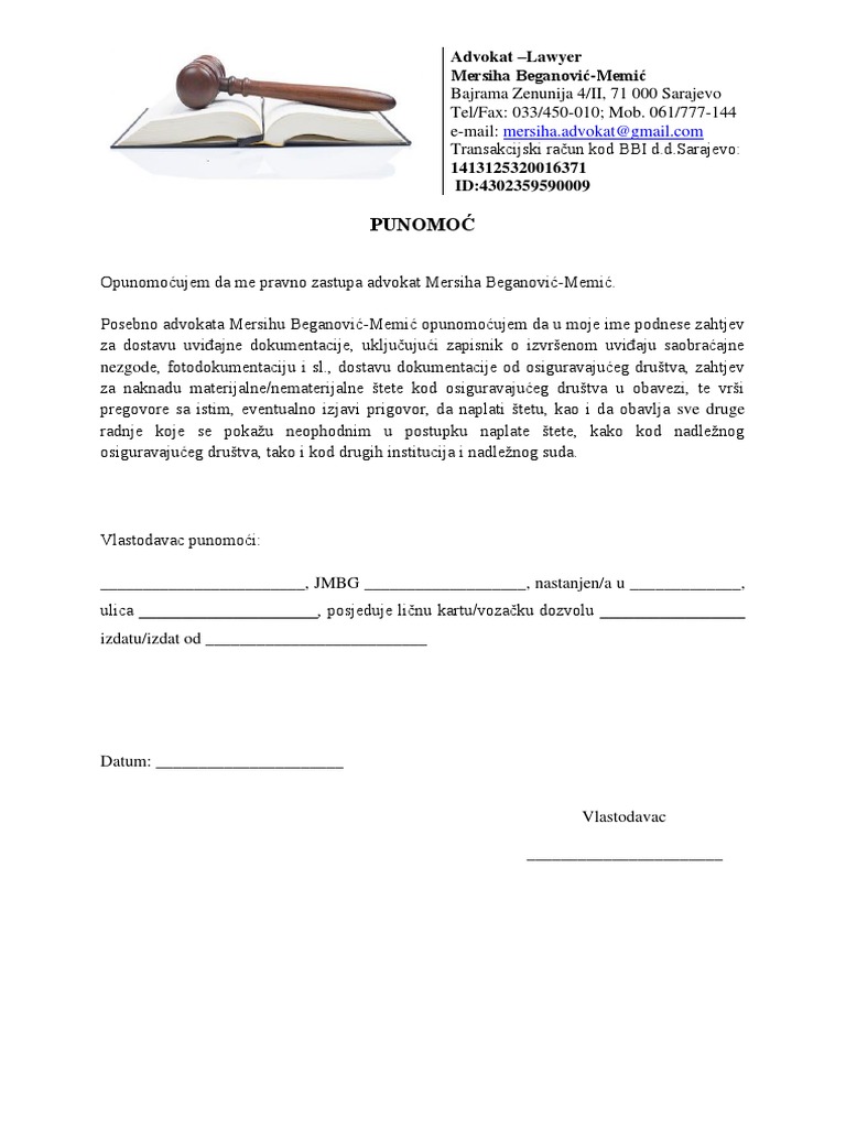 Punomoc - Advokat Mersiha Beganovic Memic | PDF
