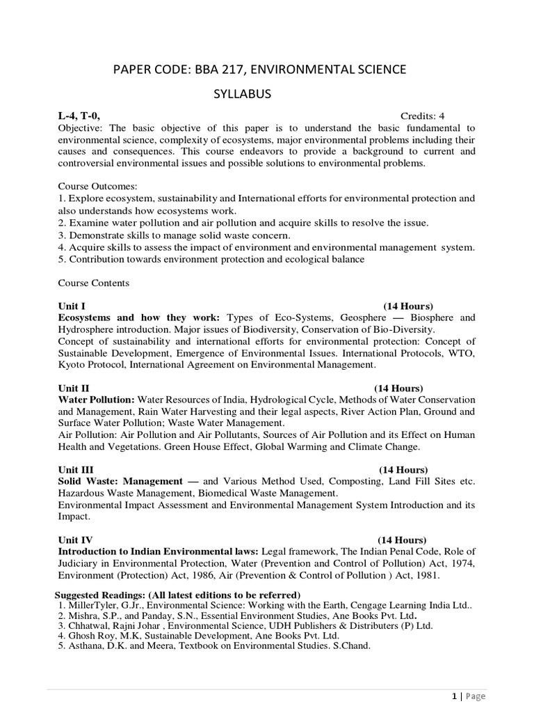 Synopsis ENVIRONMENTAL SCIENCE PAPER CODE 217 | PDF