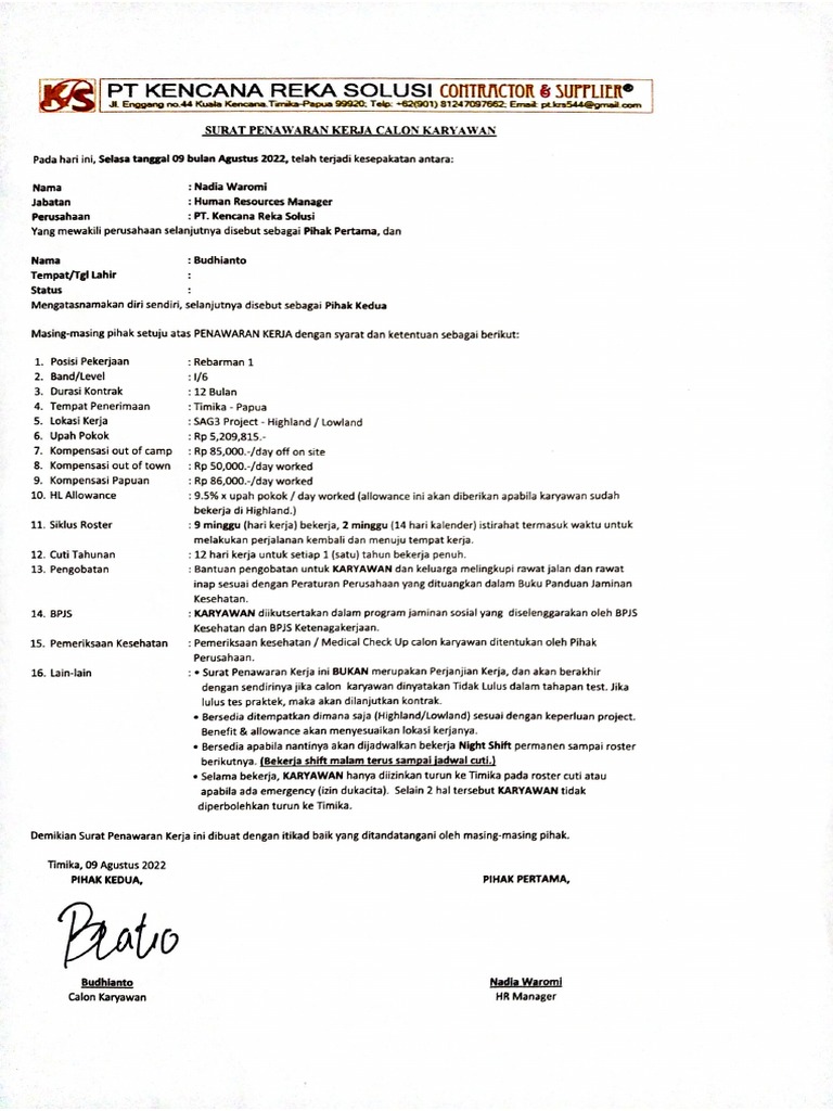 Contoh Surat Penawaran Kerja Calon Karyawan | PDF