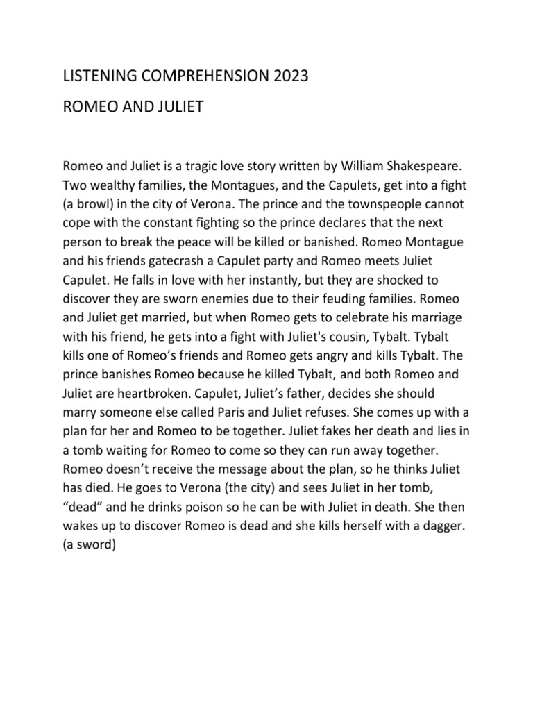 Romeo and Juliet Listening Comprehension | PDF | Classics