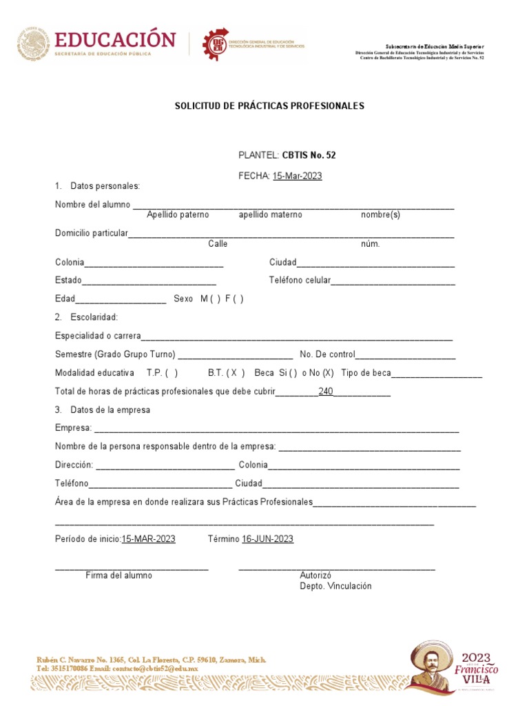 1 Solicitud de Practicas Profesionales. | PDF