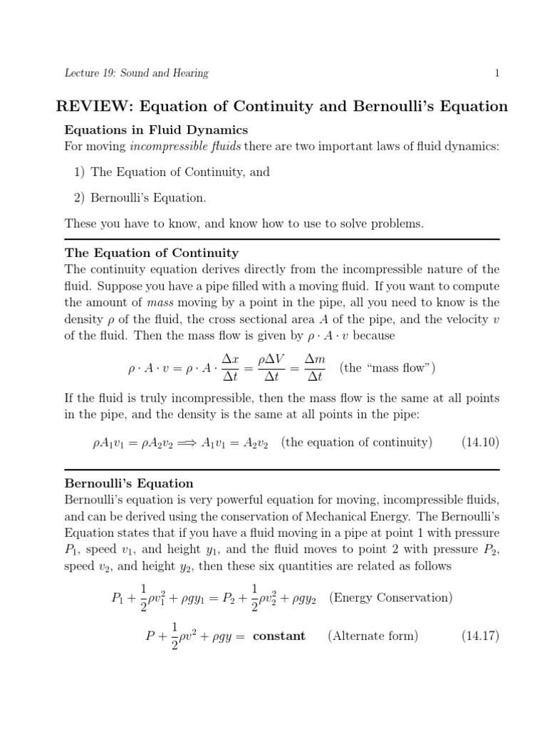 Equation of Continuity and Bernoulli's Equation | PDF | Waves | Doppler Effect