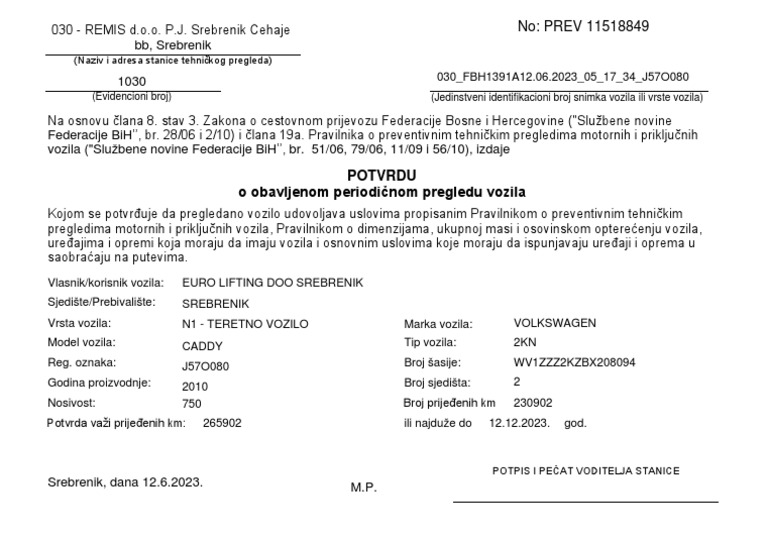 O Obavljenom Periodičnom Pregledu Vozila: BB, Srebrenik | PDF