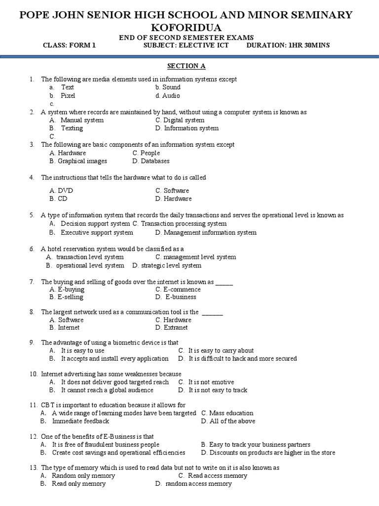 Form 1 Elective ICT Exam Questions | PDF | Computer Data Storage ...