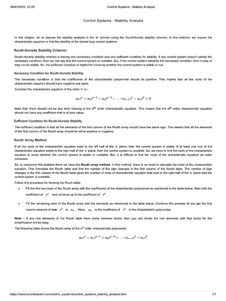 Routh's Hurwitz Stability Criteria | PDF
