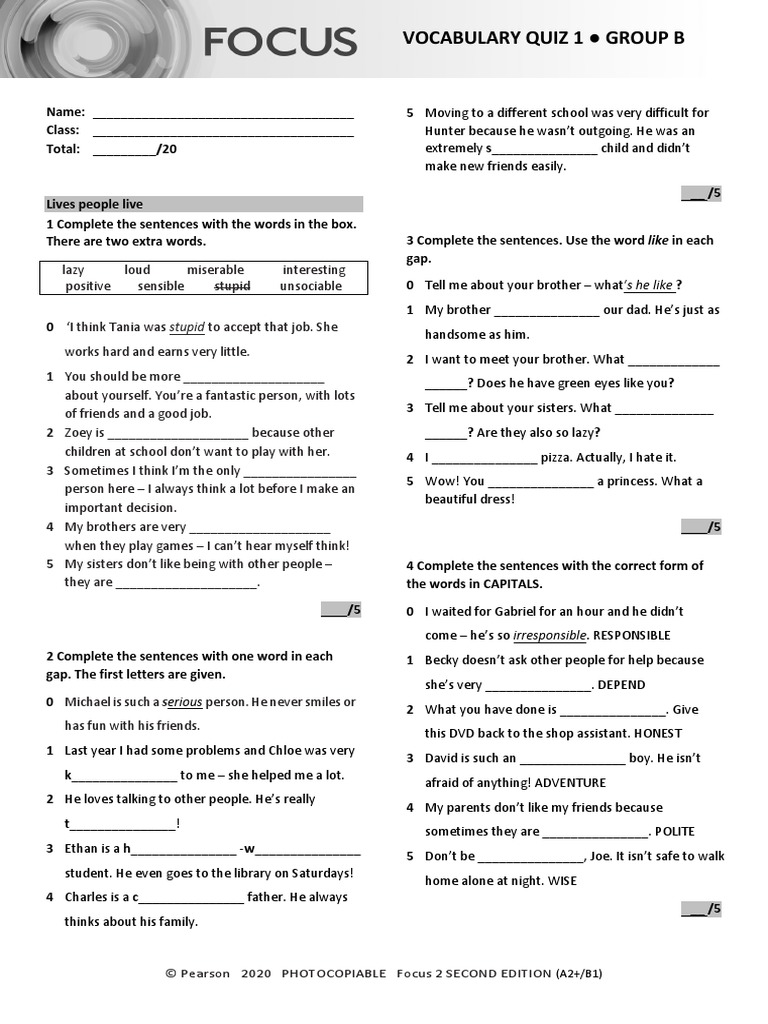 Focus 2 Unit 1 Vocabulary Quiz B | PDF | Language Arts & Discipline ...